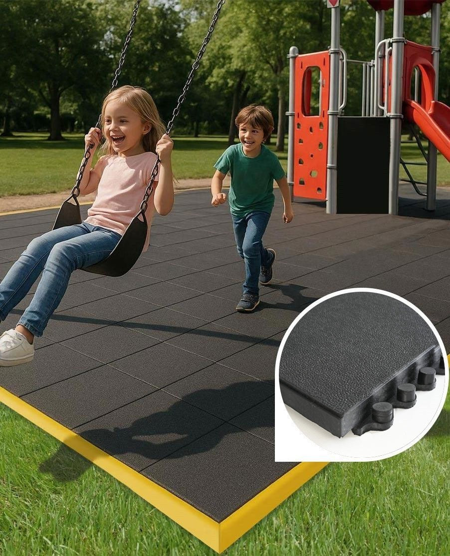 Heavy-Duty Interlocking Rubber Playground Mats – Black, 36" x 36" x 16